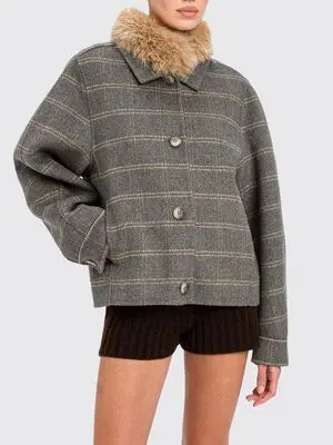 TWINSET Wool Blend Plaid Coat With Faux Fur Collar