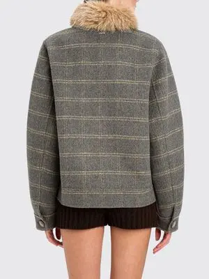 TWINSET Wool Blend Plaid Coat With Faux Fur Collar