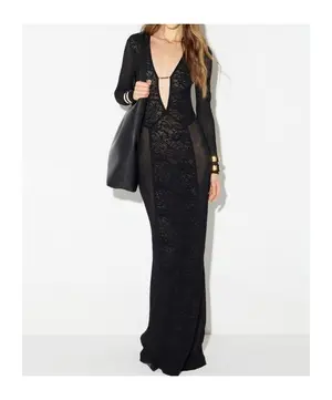 Elisabetta Franchi Long-sleeved Lace And Mesh Maxi Dress With Jeweled V-neck