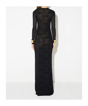 Elisabetta Franchi Long-sleeved Lace And Mesh Maxi Dress With Jeweled V-neck