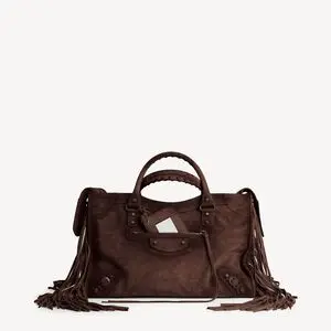 Balenciaga Le City Bag Medium Suede With Fringes - Brown