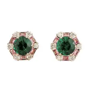 JUVETTI  Melba Emerald, Pink Sapphire & Diamond Halo Hexagon Stud Earrings In White Gold - Green