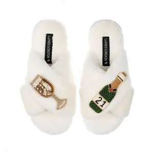 LAINES LONDON Laines London Embellished Faux Fur Cross Strap Slippers White