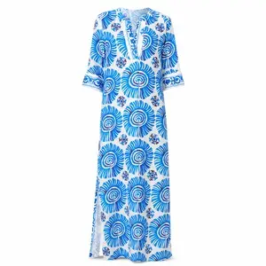 CASA ATELIER BY FERDINANDO FUSCO Bali Print Linen V-neck Caftan - Blue/white