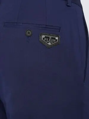 Philipp Plein Slim Fit Stretch Cotton Tailored Trousers With Rear Logo - Blue