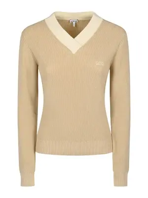 Loewe Long-sleeved V-neck Sweater - Beige/white