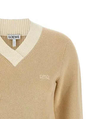Loewe Long-sleeved V-neck Sweater - Beige/white