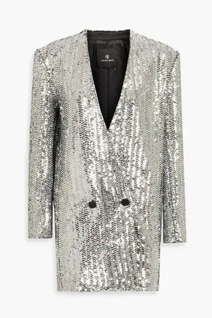 ANINE BING Veneda Sequined Tulle Mini Tuxedo Dress - Silver