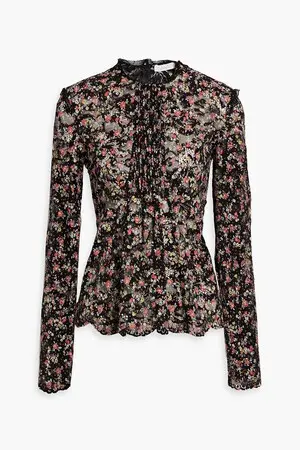 Rabanne Pintucked Floralprint Lace Top - Black