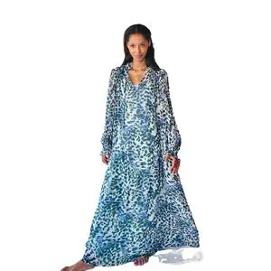 MONICA MAHONEY Sheer Leopard Print Maxi Dress With Ruffled Neckline