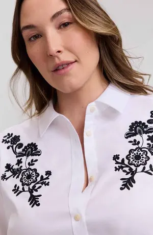 Foxcroft Hampton Floral Embroidered Cotton Blend Button-up Shirt