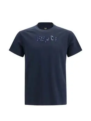 Fendi S Tonal Embroidered Crew Neck 100% Cotton T-shirt - Navy