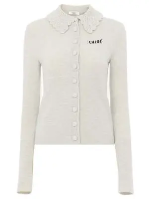 Chloé 100% Wool Guipure Trim Cardigan With Fabric Covered Buttons - Grigio