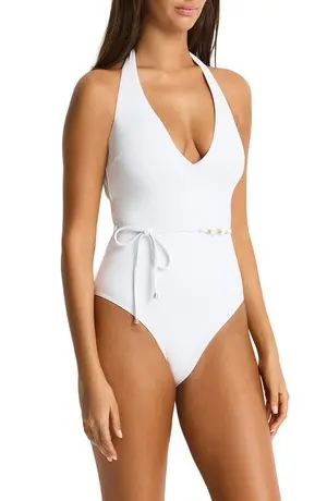 SEA LEVEL De Luxe V-neck Halter One-piece Swimsuit - White