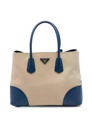 Prada 2010-2026 Large Canapa And Saffiano Double Satchel - Neutrals