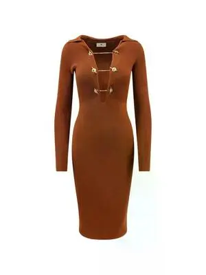 Elisabetta Franchi Ribbed-knit Midi Dress With Gold-tone Hardware - Brown
