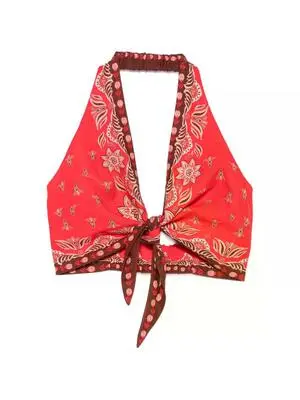 Farm Rio Ainika Floral Print Halterneck Cropped Blouse - Red
