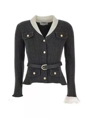 SELF-PORTRAIT Belted Ribbed-knit Cardigan - Grey