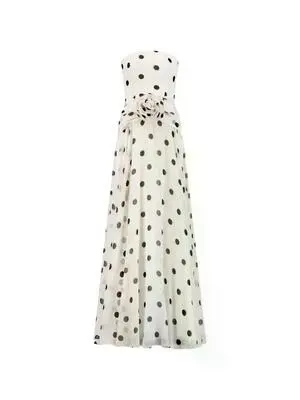 ADAMARIS Strapless Polka-dot Floral Appliqué Maxi Dress With Detachable Cape - White