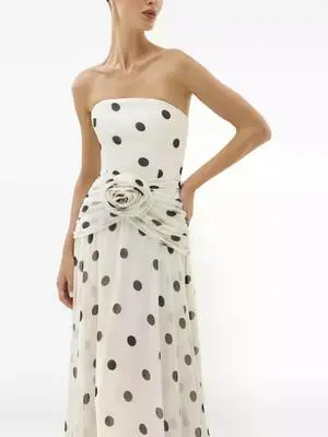 ADAMARIS Strapless Polka-dot Floral Appliqué Maxi Dress With Detachable Cape