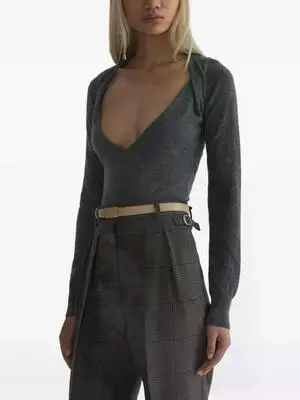 MUGLER Cashmere Plunging V-neck Knit Top - Brown