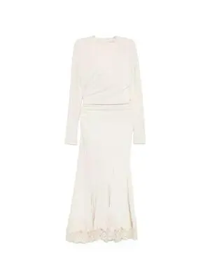 Alberta Ferretti Lace-trim Ruched Midi Dress - Neutrals