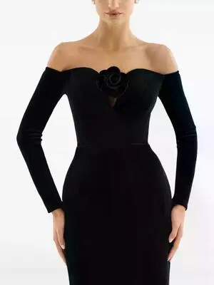 ADAMARIS Off-shoulder Rose Appliqué Maxi Dress