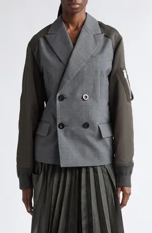Sacai Mixed Media Double-breasted Blazer Jacket - Gray/dark Khaki