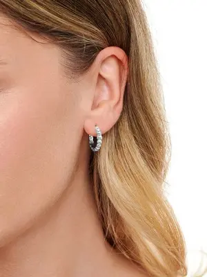 DEVATA Beaded Ball Hoop Earrings In Rhodium-plated Sterling