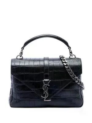 Saint Laurent 2016 Medium Croc Embossed Leather Monogram College Satchel - Black