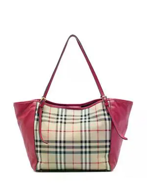 Burberry Haymarket Check Canvas And Leather Tote Bag - Red