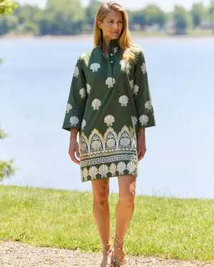 Jude Connally Helen Cotton Voile Dress With Seashell Print - Gilded Shell Loden