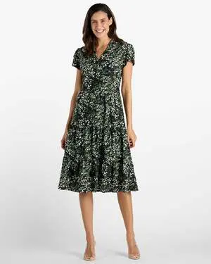 Jude Connally Libby Dress Tiered Midi, Short Puff Sleeve, V-neck - Painted Dot Black