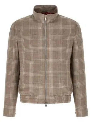 Brunello Cucinelli Checked Wool, Silk, And Linen Jacket - Brown