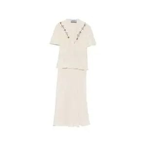Prada Silk Day Dress With Crystal Embellishment - Cream