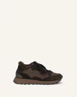 Brunello Cucinelli Suede And Techno Fabric Lace-up Sneakers With Shearling Lining And Monile Detail