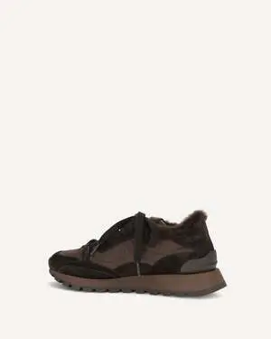 Brunello Cucinelli Suede And Techno Fabric Lace-up Sneakers With Shearling Lining And Monile Detail