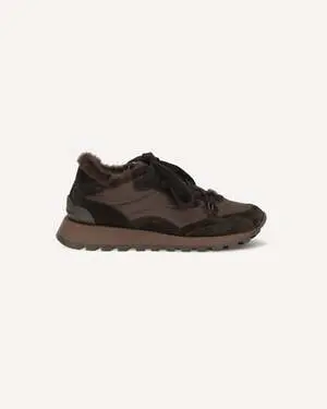 Brunello Cucinelli Suede And Techno Fabric Lace-up Sneakers With Shearling Lining And Monile Detail