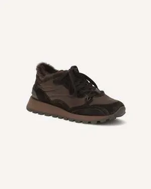 Brunello Cucinelli Suede And Techno Fabric Lace-up Sneakers With Shearling Lining And Monile Detail