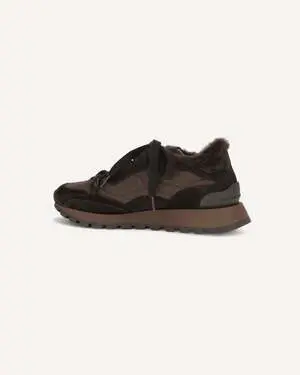 Brunello Cucinelli Suede And Techno Fabric Lace-up Sneakers With Shearling Lining And Monile Detail