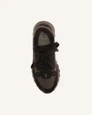 Brunello Cucinelli Suede And Techno Fabric Lace-up Sneakers With Shearling Lining And Monile Detail