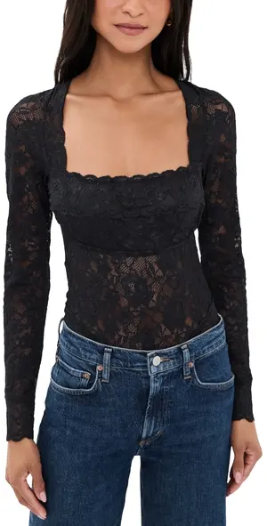 Cosabella Long Sleeve Lace Teddy Thong Bodysuit - Black
