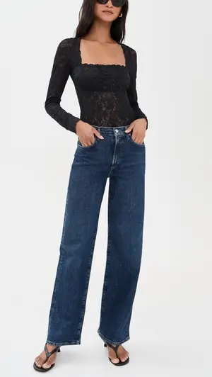 Cosabella Long Sleeve Lace Teddy Thong Bodysuit