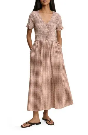 NOBODY'S CHILD Eliza Smocked Gingham Maxi Dress - Brown