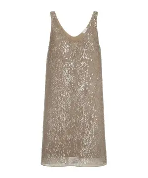 Brunello Cucinelli Embroidery Silk Mini Dress - Nude