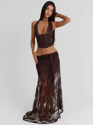 OUTCAST Debbie Maxi Skirt Chocolate Lace - Brown