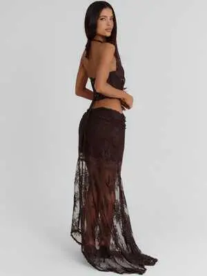 OUTCAST Debbie Maxi Skirt Chocolate Lace - Brown