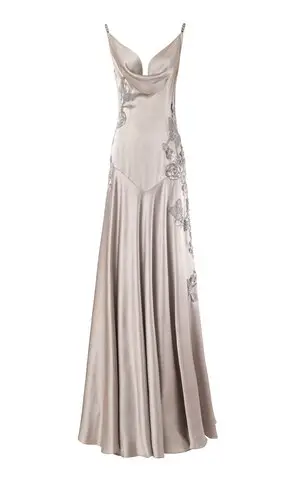 LA FUORI Embellished Silk Satin Gown - Silver