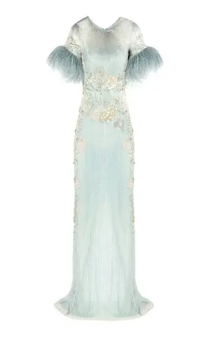LA FUORI Crystal Feather Embellished Tulle Gown - Blue