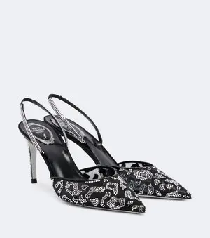 Rene Caovilla Embellished Mesh Slingback Pumps - Black